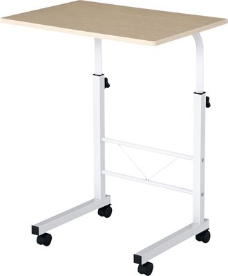 HOMCOM Beistelltisch höhenverstellbarer Couchtisch mobiler Endschreibtisch mit Rädern Feststellbremsen C-Tische Spanplatte Stahl Eisen Kunststoff Weiße Ahorn