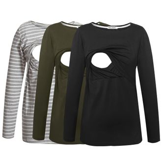 Smallshow Damen Umstandsstill-Tops, bequem, lang&auml;rmelig, Still-T-Shirt, Grau gestreift/Armeegr&uuml;n/Schwarz (Baumwolle), Mittel