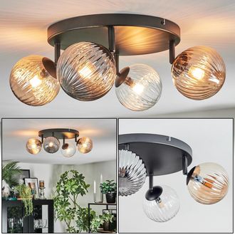 HOFSTEIN Deckenleuchte Chehalis, 4-flammige Deckenlampe aus Metall/Riffelglas in Schwarz/Rauch/Bernstein/Klar, verstellbare Leuchte im Retro/Vintage-Design, G9