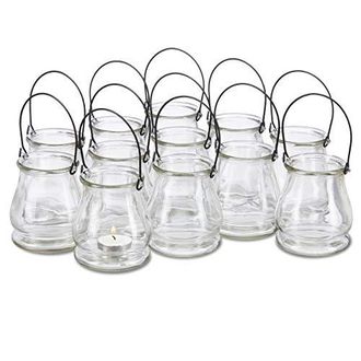 Relaxdays Windlicht aus Glas, 12er Set, runde Glasvase mit Henkel, Tischdeko f&uuml;r Drinnen u. Drau&szlig;en, 10 cm hoch, klar, Standard