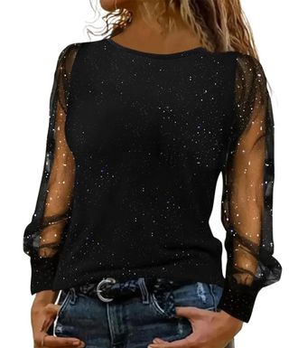 Onsoyours Langarmshirt Damen Elegant Schulterfreies Transparent T&uuml;ll Mesh Patchwork Shirt Oberteile Sexy Durchsichtiges Netz &Auml;rmel T-Shirt Casual Einfarbig Top 