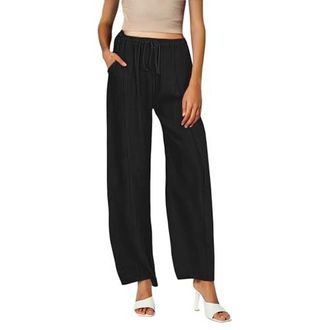 Generic Pantalon noir pour femme stretch &eacute;lastique pour femme d&eacute;contract&eacute; couleur unie pantalon coton m&eacute;lange cordon de serrage taille &eacute;lastique longue jambe 