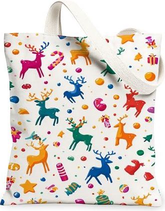 Generic Sac fourre-tout en toile avec motif de rennes de No&euml;l, sacs &agrave; provisions r&eacute;utilisables, l&eacute;gers et lavables avec bandouli&egrave;re Ca, blanc, 13x15 Inch