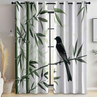 Generic Rideaux Occultants Oriental Oiseau en Bambou Motif, Rideaux à oeillets 91.5L X 215H cm (2 Panneaux) pour Salon Chambre Et Chambre denfants, Blanc Impr