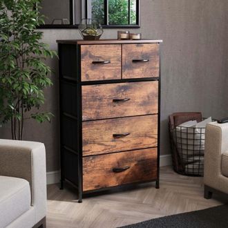 Home Discount Chorley Commode 5 tiroirs en tissu cadre métal meuble de rangement pour chambre et salon H 93,2 x L 56 x P 29,8 cm, Brun-Rustique