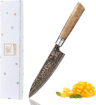 Zayiko BlackMagma Damastmesser I 14 cm Klinge aus Damaststahl mit Kupfer & Bronze sowie Ahornholzgriff I Edles Damast Küchenmesser in Geschenkbox Allzweckmes