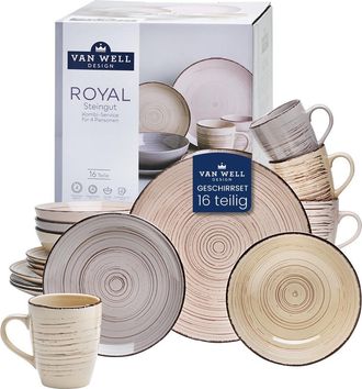 Van Well van Well Royal Geschirrset für 4 Personen - 16-teiliges klassisches Steingut Kombi-Service Grey, Sand, Pink, Beige - Geschirr Set mit runder Form - Fü