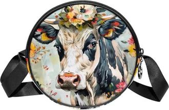 Generic Sac &agrave; bandouli&egrave;re rond pour femme, motif fleurs de vache, sac &agrave; bandouli&egrave;re avec fermeture &eacute;clair, bretelles r&eacute;glables, sac &agrave; main rond d&eacute;contract&eacute; po