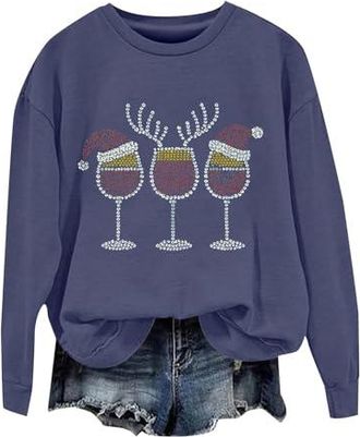 Generic Sweats de Noël pour femme - Motif amusant de Noël - Manches longues - Pull décontracté à col rond - Imprimé graphique - Pull ample de Noël, a-bleu mar