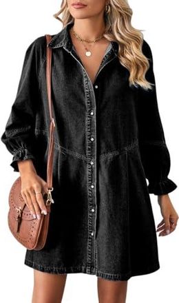 TOMWELL Robe Jean &Eacute;t&eacute; Femme Manches Longues Robe De Plage R&eacute;tro Denim Robes Tourner Le Col D&eacute;contract&eacute;e Couleur Unie Tuniques Ample Chemisier en Jean Mini Rob