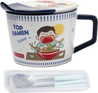 La Chineuse Instant-Nudelschüssel - Japanische Ramen- und chinesische Nudelschüssel - Mit Besteck und Deckel - Frühstücksschüssel, Suppe, Reis - Japan-China-Gesch