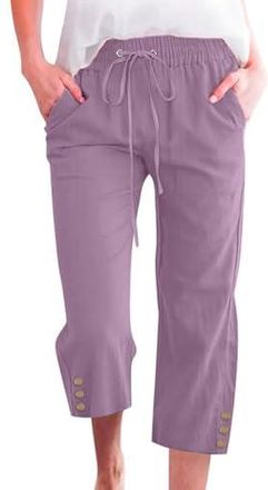 Generic Pantalon 3/4 d&eacute;t&eacute; pour femme - Pantalon en lin pour femme - Pantalon d&eacute;t&eacute; l&eacute;ger avec cordon de serrage - Poches - Taille haute - Pantalon de loisirs -