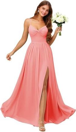 Generic Robe de demoiselle dhonneur en mousseline de soie plissée avec col en V et bretelles spaghetti avec fente, corail, 56 Grande taille