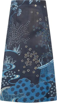 Red Valentino Femme, Jupes, Bleu, Taille: 42 FR Longue jupe en cuir &agrave; imprim&eacute; floral