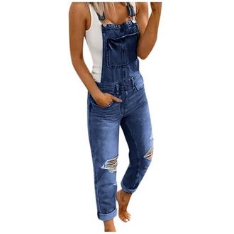 Generic Salopette pour femme - Pantalon d&eacute;t&eacute; en denim c&ocirc;tel&eacute; - Avec poches - Salopette confortable - Pantalon ample - Jeans classique us&eacute; - Pantalon cargo - P