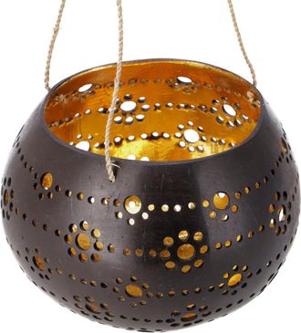 Guru Shop Kokosnuss Teelicht zum H&auml;ngen, Dekotopf - Modell 7, Braun, 10x14x14 cm, Teelichthalter & Kerzenhalter