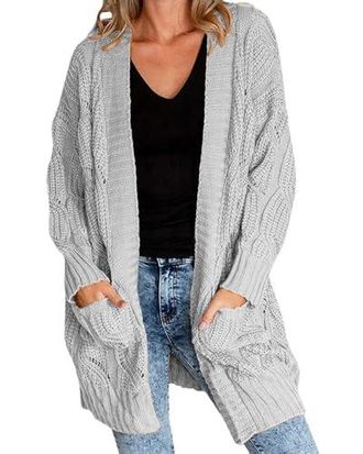 Generic Cardigan &agrave; manches longues pour femme, couleur unie, grande taille, pull dautomne l&eacute;ger &agrave; manches longues, avec poches, gris, XXL
