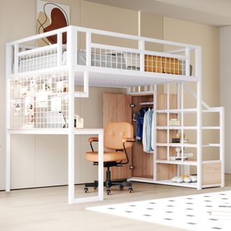 Merax Hochbett 140 x 200 cm aus Metall, mit Schrank und Schreibtisch, multifunktionales Kinderbett mit Aufbewahrungsleiter, Wei&szlig; (ohne Matratze)