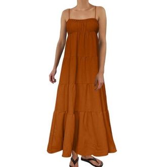 Generic Robe longue d&eacute;t&eacute; pour femme avec bordure contrast&eacute;e, bretelles spaghetti, tenues d&eacute;t&eacute;, voyage, vacances, sans manches, robe longue, Orange, 5XL