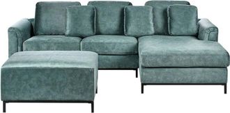 Beliani 5-Sitzer Ecksofa Links Blaugr&uuml;n Samt mit Ottomane u. Kissen Schwarze Metallbeine Edelstahlf&uuml;&szlig;e L-F&ouml;rmig Modern f&uuml;r Wohnzimmer