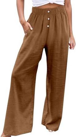 Generic Pantalon en coton et lin pour femme - Jambe large - Pantalon de plage d&eacute;t&eacute; pour femme - Confortable - Pantalon de yoga Palazzo XIYU26038, marron, 5XL