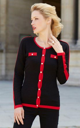 Passioni Strickjacke Twinset in Schwarz mit roten Kanten und Taschendetails