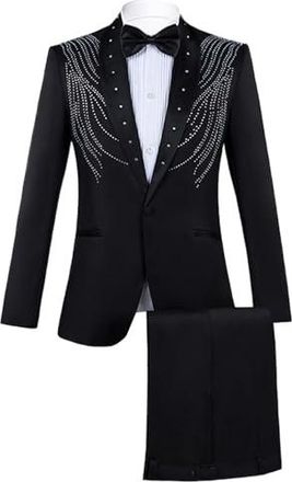Generic Costume 2 pi&egrave;ces pour homme - Coupe ajust&eacute;e - Avec un bouton - Perles dor&eacute;es - Blazer noir brillant - Veste de bal de fin dann&eacute;e pour mariage, d&icirc;ner, 