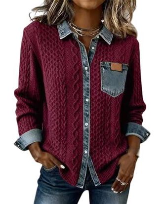 Generic Chemise en jean &eacute;piss&eacute;e tricot&eacute;e pour femme, col et poignets boutonn&eacute;s sur le devant, pull &agrave; manches longues, tenue de bureau d&eacute;contract&eacute;e, bordeaux, 