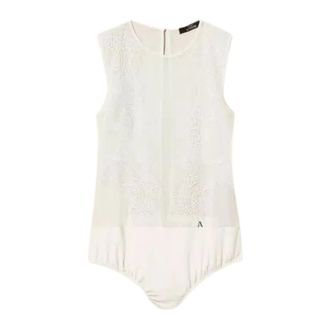 Twinset Body aus T&uuml;ll mit Spitze - - Tops - Damen - Wei&szlig; - XS
