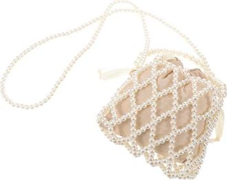 Holibanna Paquet &agrave; Main Tiss&eacute; Ajour&eacute; en Fausses Perles Blanc Cabas L&eacute;ger et Spacieux pour Femmes Pochette Seau Perl&eacute;e sans Doublure Paquet de Plage et Vacances 