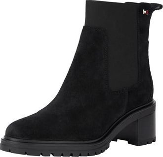 Tommy Hilfiger Bottines Chelsea Femme Flag Mid Heel Suede en Daim, Noir (Black), 36