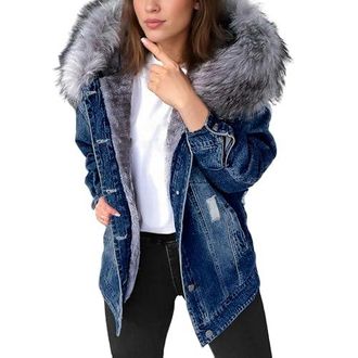 Generic Veste en jean &agrave; capuche en polaire chaude avec doublure en fausse fourrure pour femme - V&ecirc;tement dext&eacute;rieur surdimensionn&eacute; &agrave; manches longues, noir fon