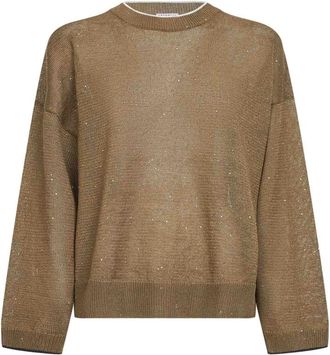 Brunello Cucinelli Femme, Pulls, Brun, Taille: 42 FR Pull &agrave; Ornements de Sequins et Bordures C&ocirc;tel&eacute;es