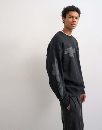 Topman Sweat d&eacute;contract&eacute; avec imprim&eacute; fleuri num&eacute;rique devant et au dos - Noir d&eacute;lav&eacute;