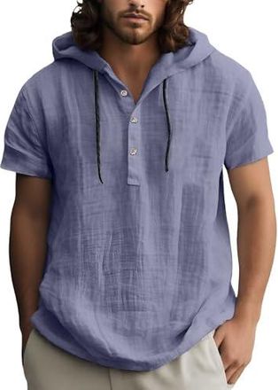 Generic Chemise en lin unie pour homme - Printemps &eacute;t&eacute; - Manches courtes - D&eacute;contract&eacute;e - Pour homme, Marine, XL