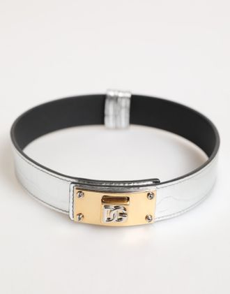 Dolce & Gabbana Mens Silver Textured Leather Gold Tone Metal Neckband Accessory