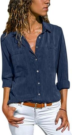 Minetom Chemisier pour Femme Chemise en Jean Col en V Manches Longues Blouse Décontracté avec Boutons Chemise en Denim avec Poche A Bleu Foncé 3XL