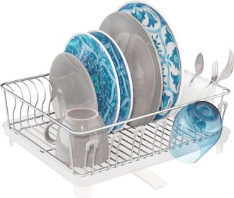 mDesign Abtropfgestell aus Metall mit 3 Teilen - mit herausnehmbarem Besteckkorb und Abtropfplatte aus Kunststoff - Geschirr-Organizer für Besteck & Co. - sil
