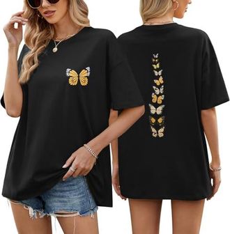 Heekpek TOMEEK T Shirt Femme Été Chic Coton T-Shirt, Manches Courtes Tee Shirt Col Rond Grande Taille Tshirt Femme Oversize Top Vintage Papillons Imprimé Lâch