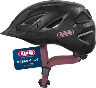 ABUS Stadthelm Urban-I 3.0 - Fahrradhelm mit R&uuml;cklicht, Schirm und Magnetverschluss - f&uuml;r Damen und Herren - Schwarz mit Blumen-Muster, Gr&ouml;&szlig;e L