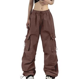 Generic Pantalon cargo baggy Y2K pour femme - Taille haute - Coupe ample - Taille &eacute;lastique - Style d&eacute;contract&eacute; - Streetwear - Taille haute - Randonn&eacute;e - Marc