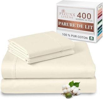 Pizuna Coton Peign&eacute; Parure de Lit 180x200 cm Complet Ivoire Neuf, 100% Coton Longue Dur&eacute;e 400 Fils Armure Satin Comprend 1 Drap Housse, 1 Drap Plat, 2 Taie d