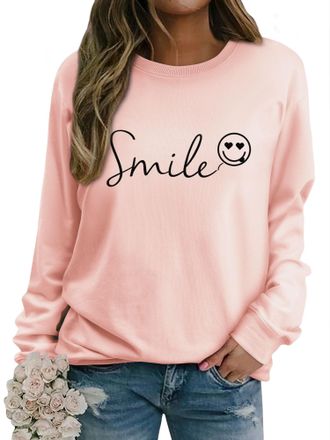 Dresswel Damen Sweatshirt Smile Brief Drucken Pullover Lustiges Lächelndes Rundhals Langarmshirt Baumwolle Pulli Herbst Winter Casual Oberteile Langarm Tops(He