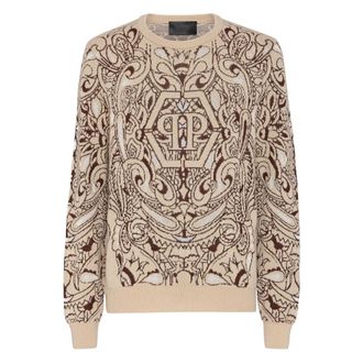Philipp Plein Cashmere & Silk Pullover Rundhals Langarm Paisley Bandana - - Knitwear - Herren - Beige - 3XL
