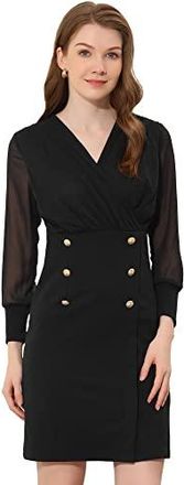 Allegra K Robe &agrave; Manches Longues &eacute;l&eacute;gante &agrave; col en V et &agrave; Boutons Contrastants pour Femmes Noir XL