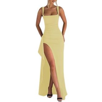 Generic Robe de soir&eacute;e pour femme - Robe longue tendance et sexy - Robe porte-jarretelles dos nu - Robe fendue - Belle robe d&eacute;t&eacute; - Longueur genou, jaune, XS