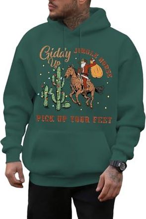 Generic Sweat &agrave; capuche de No&euml;l pour homme | Cowboy Santa Oversize - Sweat &agrave; capuche &agrave; manches longues pour lautomne | pour v&ecirc;tements de rue, vert fonc&eacute;, XXL