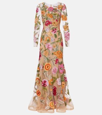 Carolina Herrera Robe longue brod&eacute;e en tulle &agrave; fleurs