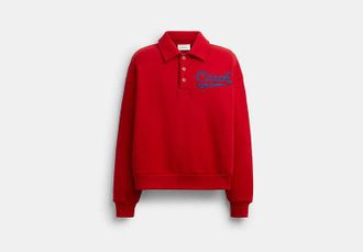 Coach Sportives Polo-Sweatshirt mit lockerem Schnitt und langen &Auml;rmeln aus Script-Stoff f&uuml;r M&auml;nner in Rot, Gr&ouml;&szlig;e Mittel | Baumwolle