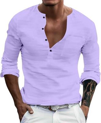Generic T-shirt &agrave; manches longues pour homme - Style vintage - En coton - Grandes tailles - Col montant - Chemise de plage - Col rond - Chemise d&eacute;t&eacute; &eacute;l&eacute;gante 